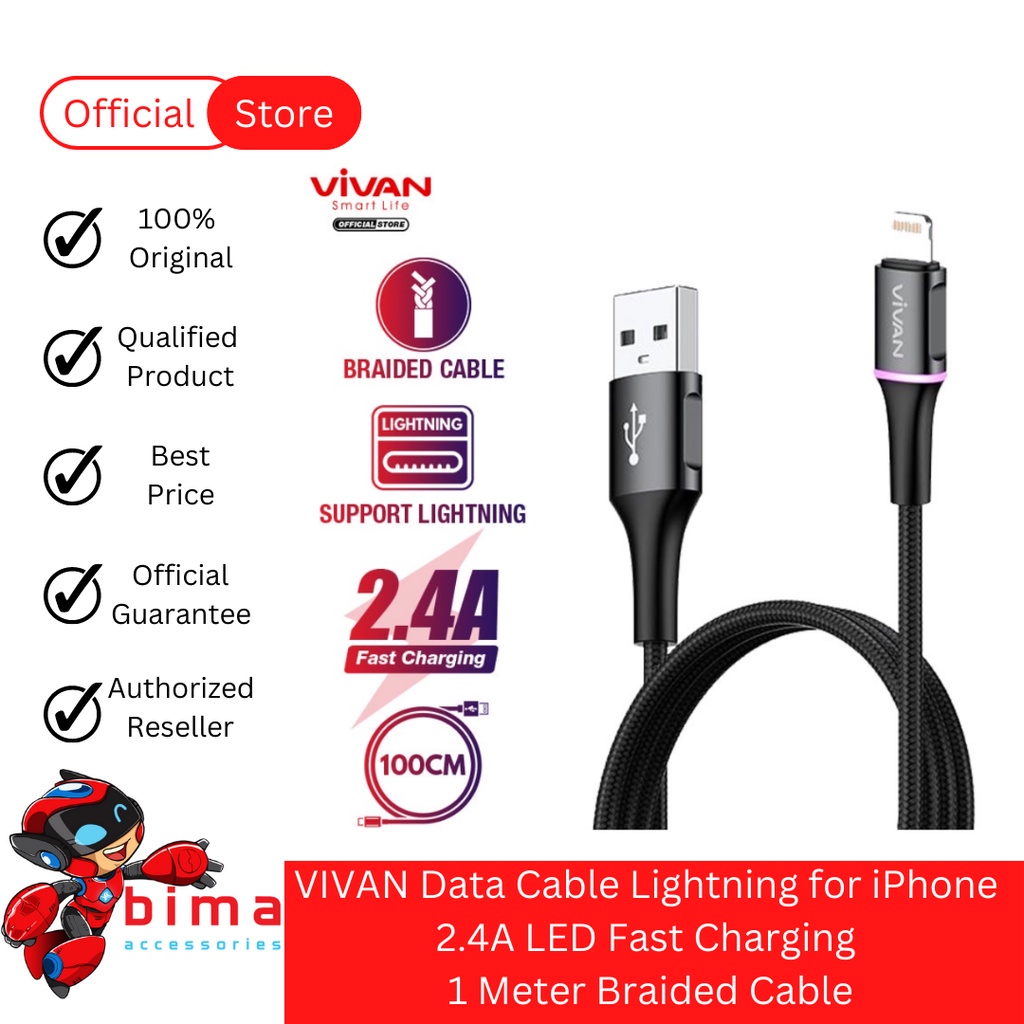 Jual VIVAN Kabel Data Lightning Data Cable 2.4A - 3A Quick Charge LED ...