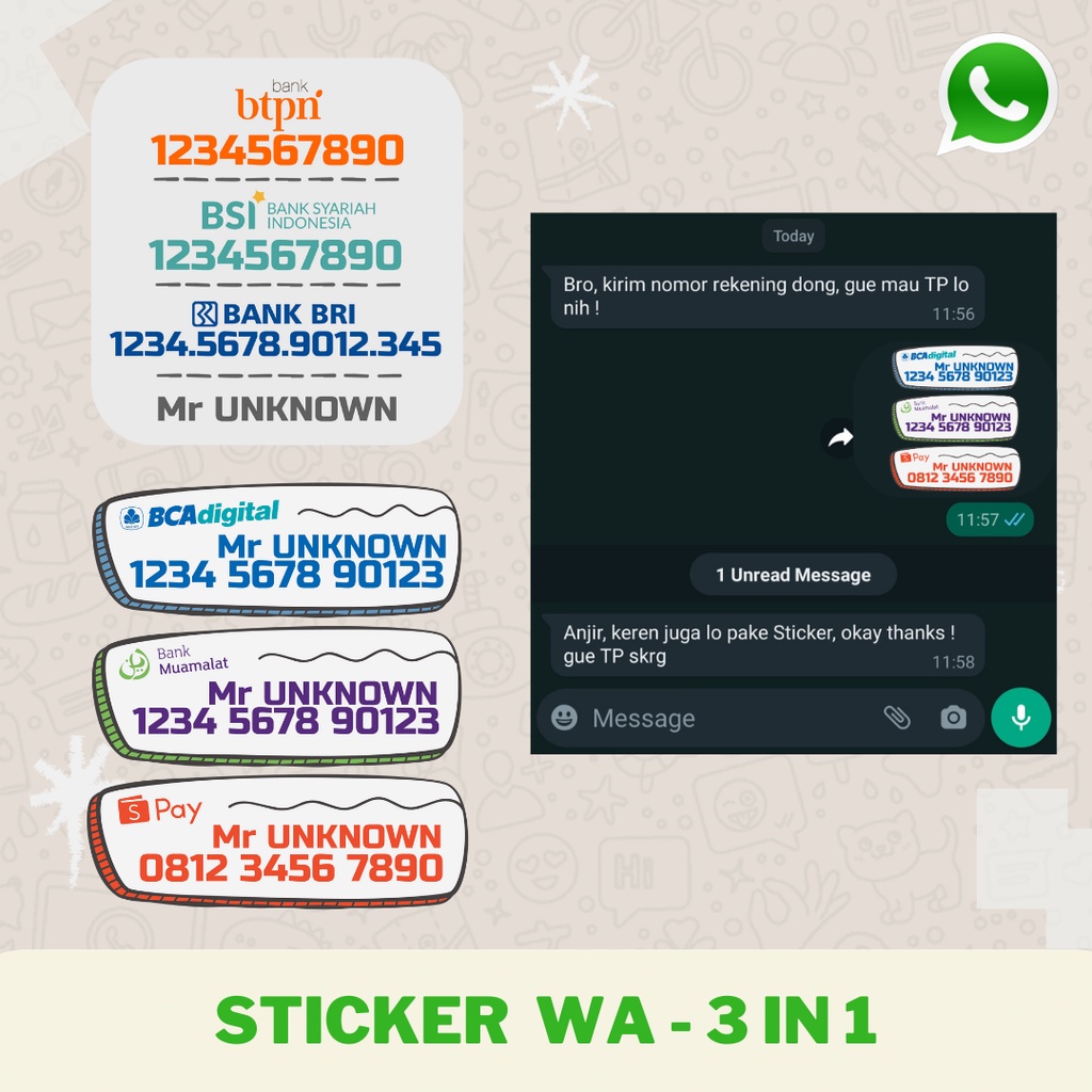Jual STICKER WA / WHATS APP NOMOR REKENING 3 IN 1 | Shopee Indonesia