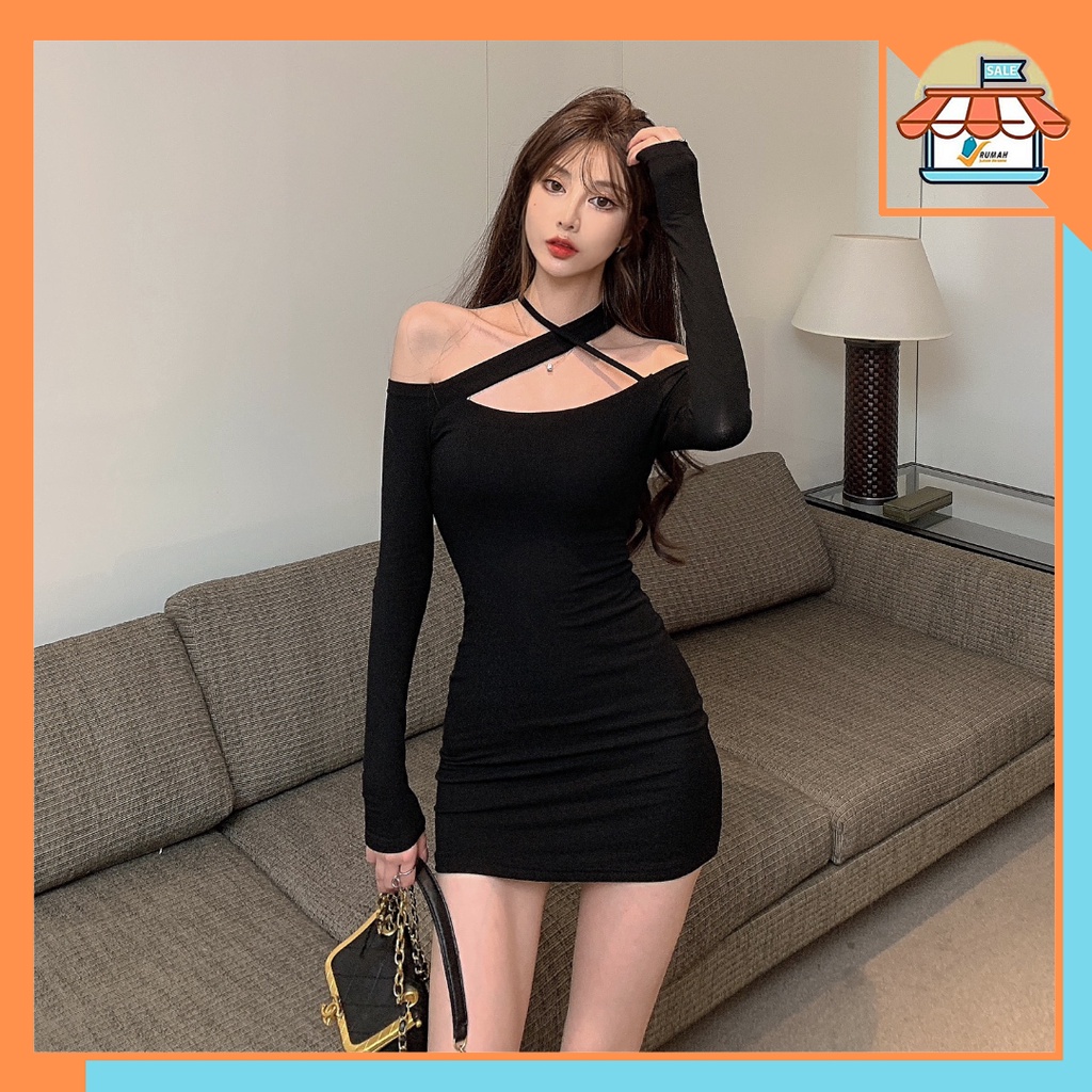 Jual RSB DR359 Baju Mini Dress Sabrina Knit Dress Wanita Long Sleeve Motif Polos | Shopee Indonesia