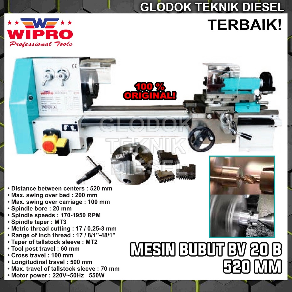 Jual Wipro Mesin Bubut Besi Metal Bench Lathe BV 20 B 520 MM BV20B ORIGINAL | Shopee Indonesia