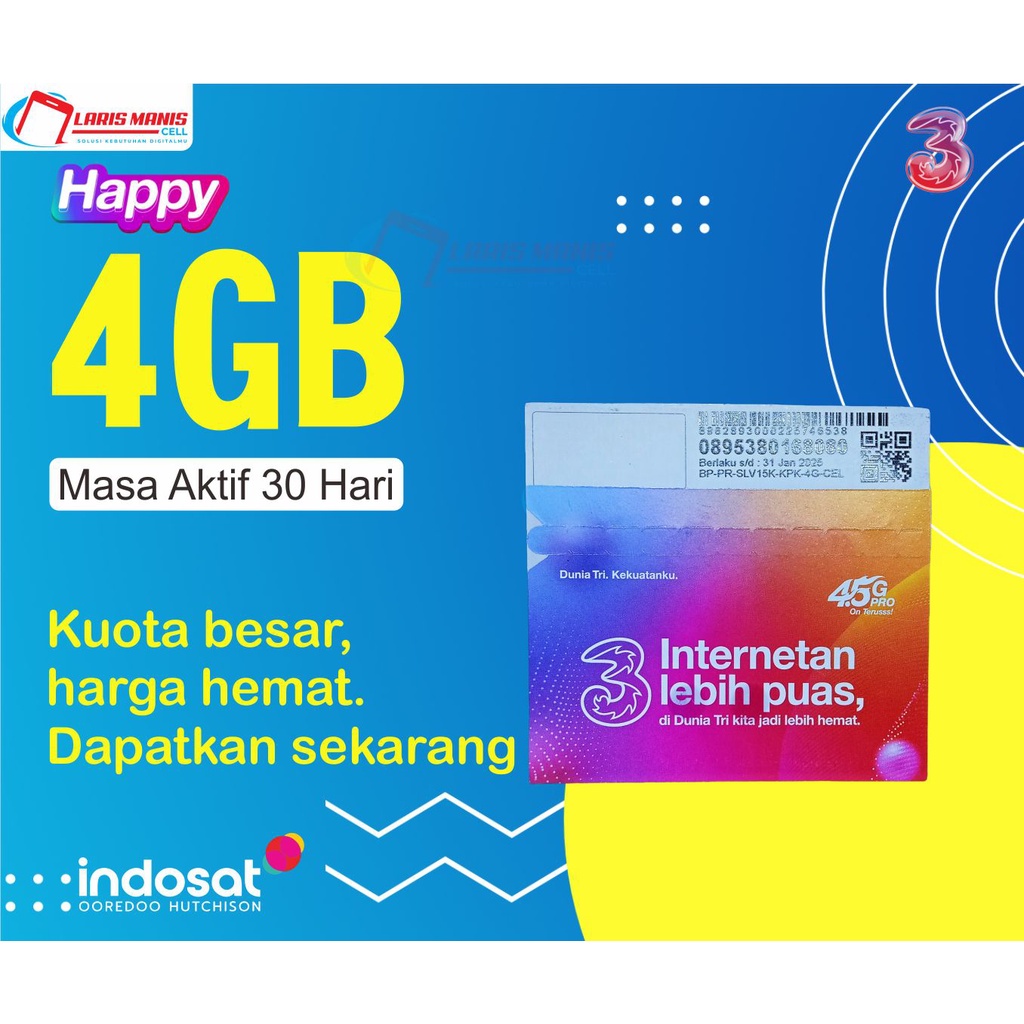 Jual Kartu Perdana Tri Happy Nasional 4GB Masa Aktif 30 Hari | Shopee Indonesia