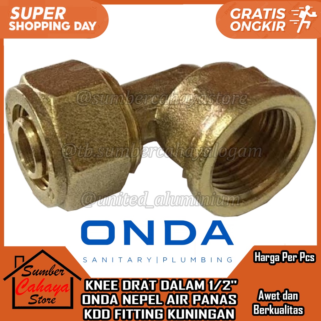 Jual ONDA FEMALE ELBOW KNEE DRAT DALAM 1/2" INCH KNIE AIR PANAS KDD FITTING FITING KUNINGAN KENI ...