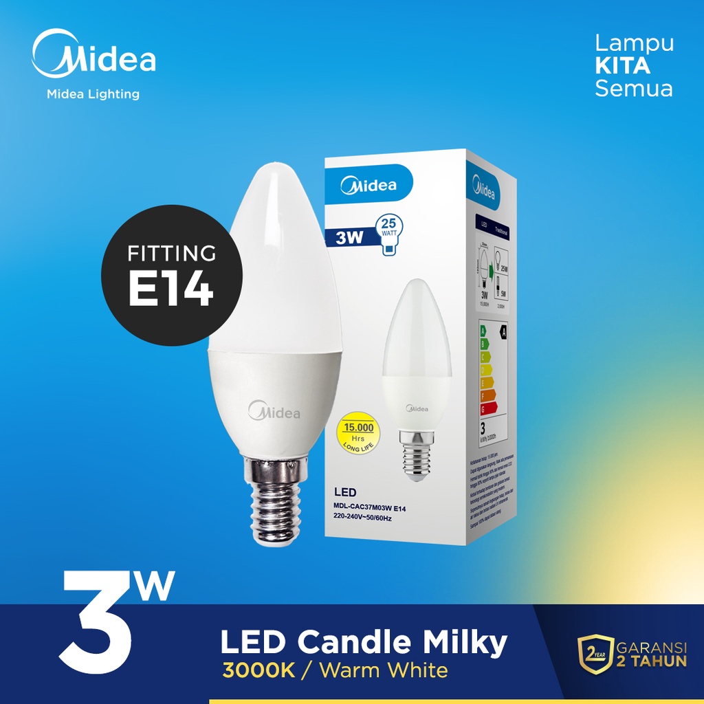 Jual Midea Lighting - Lampu Candle LED Milky Fitting E14 3 Watt 3000K ...