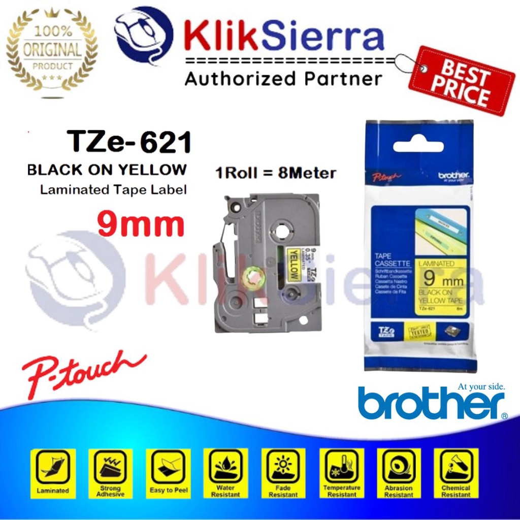 Jual BROTHER PTouch Label 9mm TZe-621 | TZe621 Black on Yellow For ...