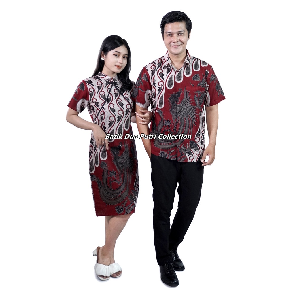 Jual Couple Batik Dress Wanita Hem Pria Lengan Pendek Batik Merak Merah ...
