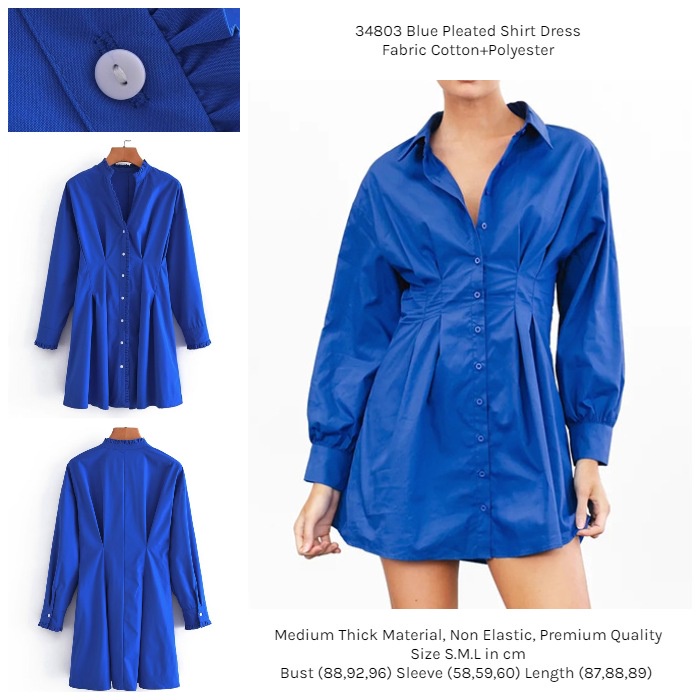 Jual 34803 Dress Biru Formal Wanita Lengan Panjang Blue Pleated Shirt ...
