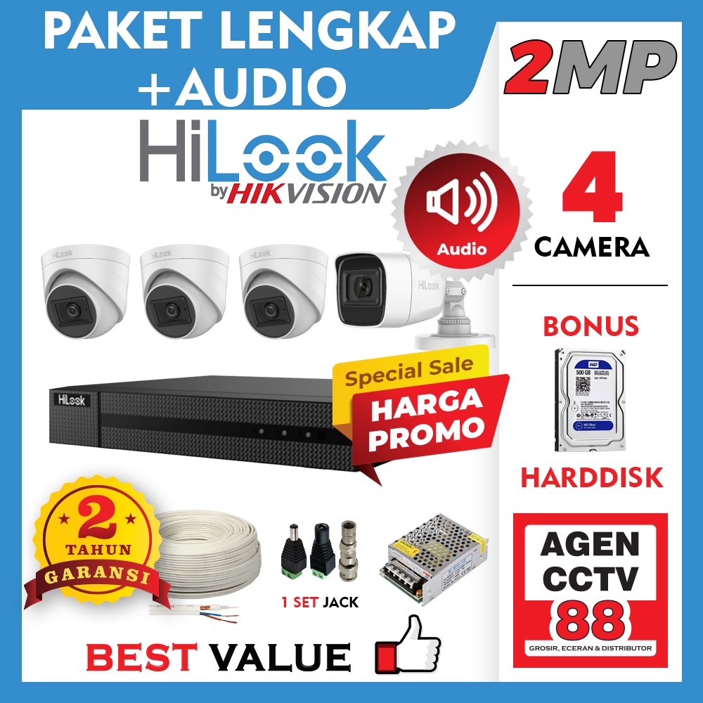 Jual Paket CCTV HILOOK AUDIO 4 Channel Kamera 4CH 2MP LENGKAP Tinggal Pasang | Shopee Indonesia