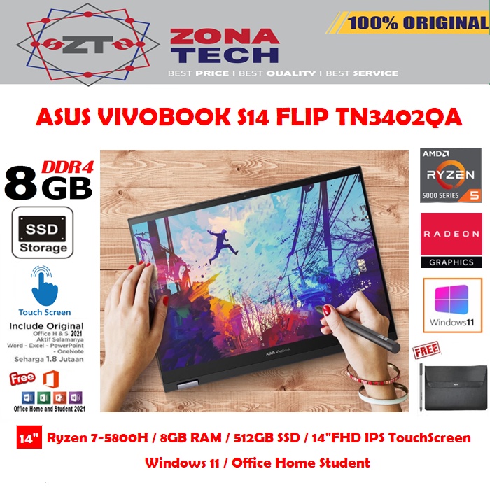 Jual ASUS VIVOBOOK S14 FLIP TN3402QA - RYZEN 7-5800H - 8GB - 512GB SSD ...
