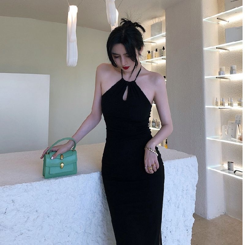 Jual Midi Dress Gaun Malam Hitam Halter Neck Bodycon Sexy Strapless ...