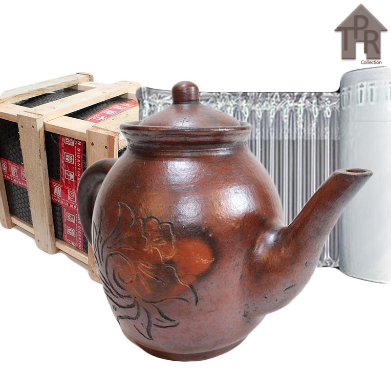 Jual Gerabah - Poci Tanah Liat Ukir Kembung Antik / Tea Pot 1.8L + Krat ...