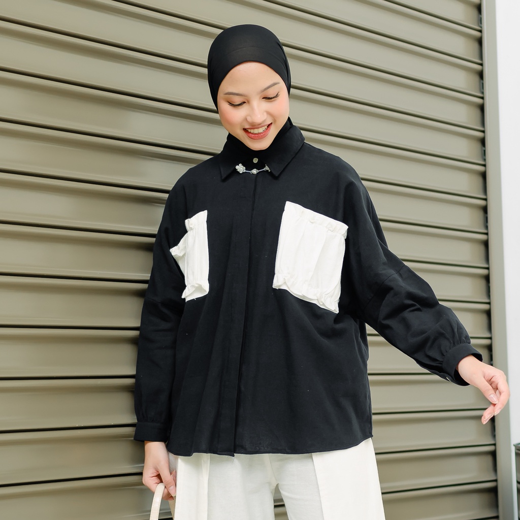 Jual Lozy Hijab - Poki Shirt (Kemeja Basic Linen Saku) | Shopee Indonesia