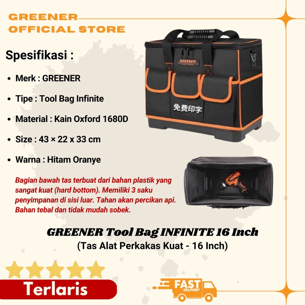 Jual GREENER Tool Bag INFINITE Tool Box 16 Inch Kain Oxford Tebal - Tas Alat Perkakas Tukang ...