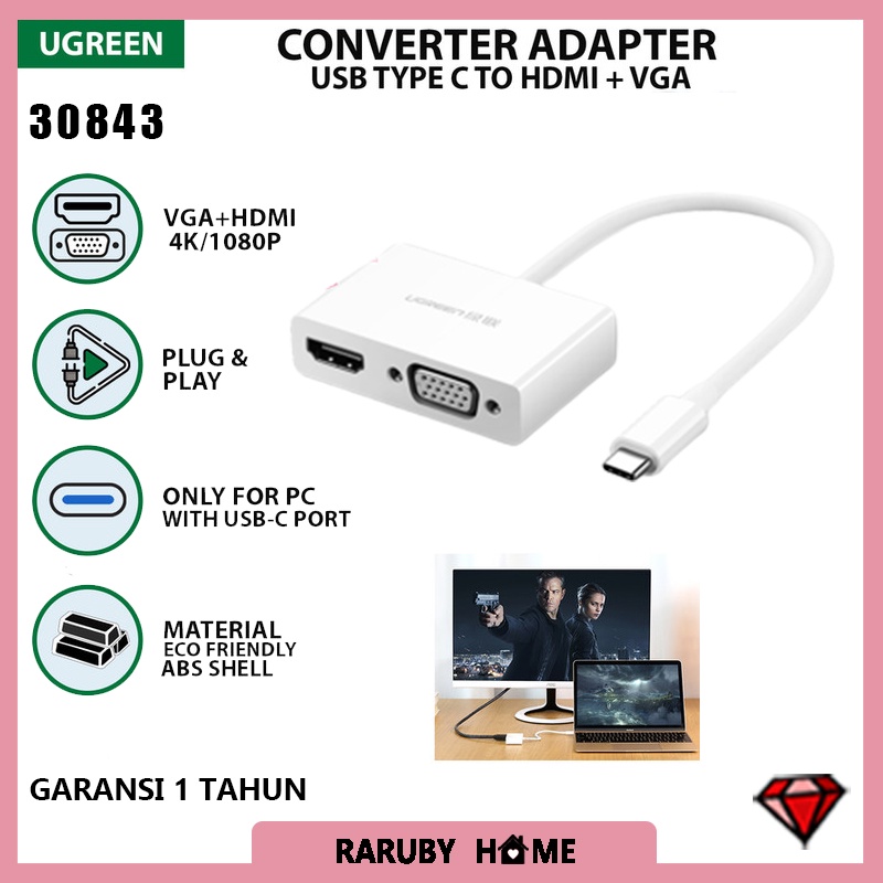 Jual UGREEN Adaptor Video Converter 2In1 USB Type C To HDMI + VGA untuk ...
