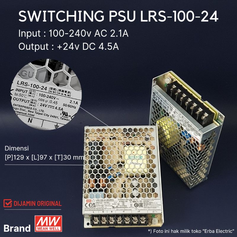 Jual Mean Well DC 24v 4.5A LRS-100-24 Switching Power Supply SMPS Switch Mode PSU 24vdc | Shopee ...