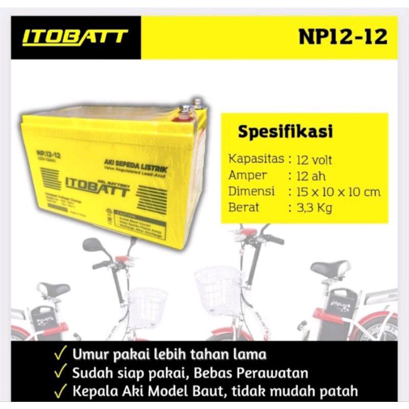 Jual AKI ACCU ITOBATT NP.12-12 TEGANGAN 12V 12Ah UNTUK SEPEDA LISTRIK ...