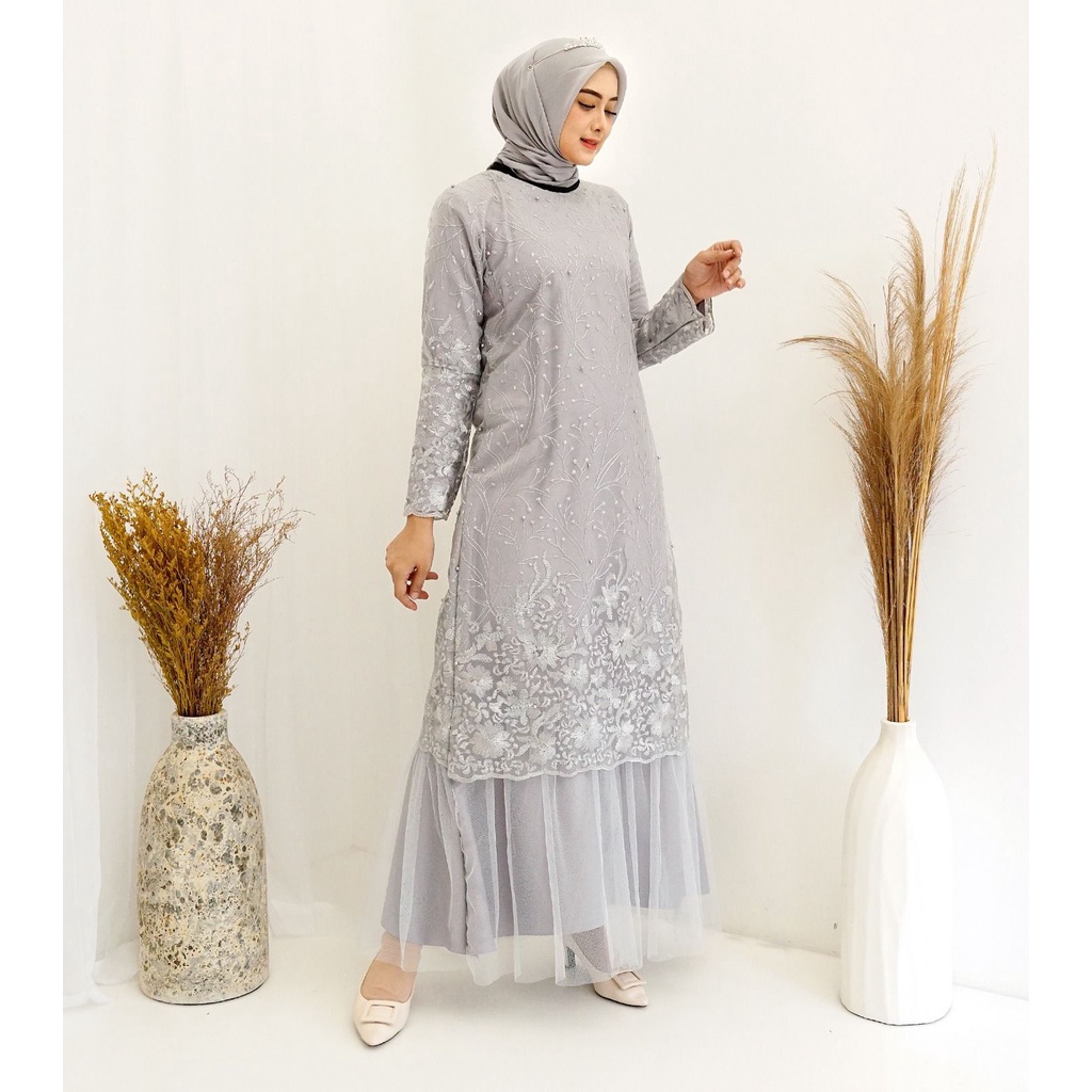 Jual (Full Tile Brukat) Gamis Arini Full Tile Bordir Mutiara Glitter Brukat Tulle Brokat Maxi ...