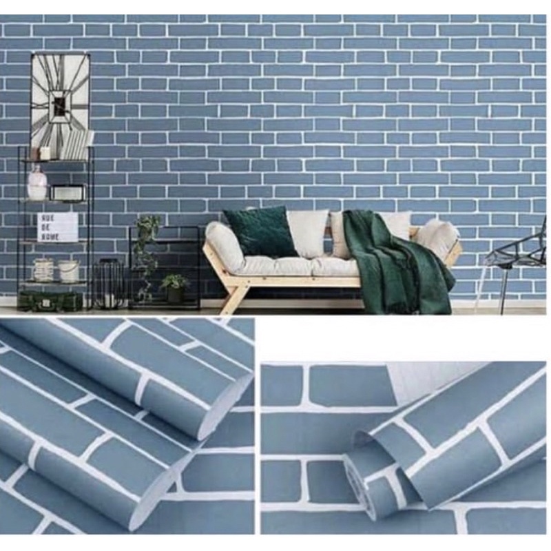 Jual [ 10 meter ] wallpaper sticker motif bata biru ukuran 10 meter ...