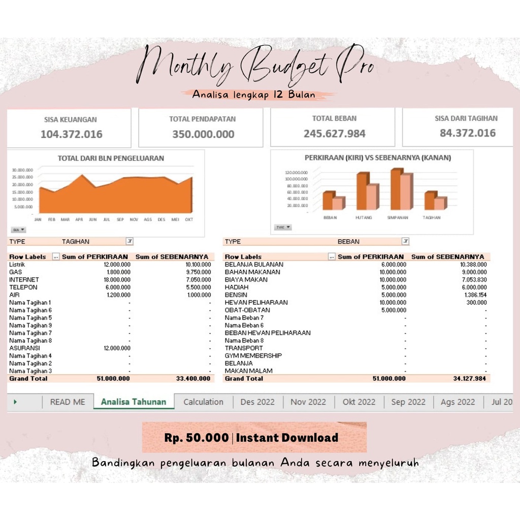 Jual Monthly Budget Pro Template Budgeting Bulanan Otomatis Full Rumus Catatan KEUANGAN CASHFLOW ...