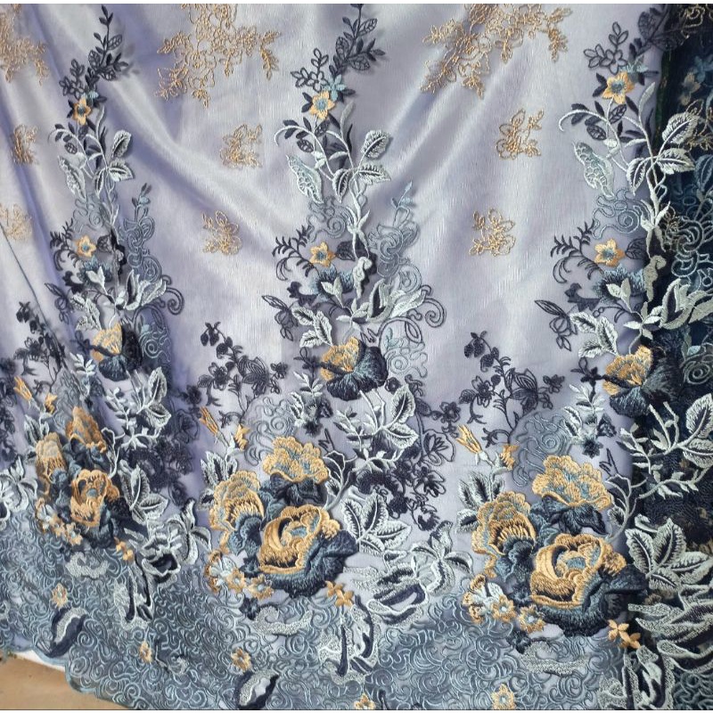 Jual Kain Tile Brokat Two Tone Bordir Timbul Tebal elegan anggun biru ...