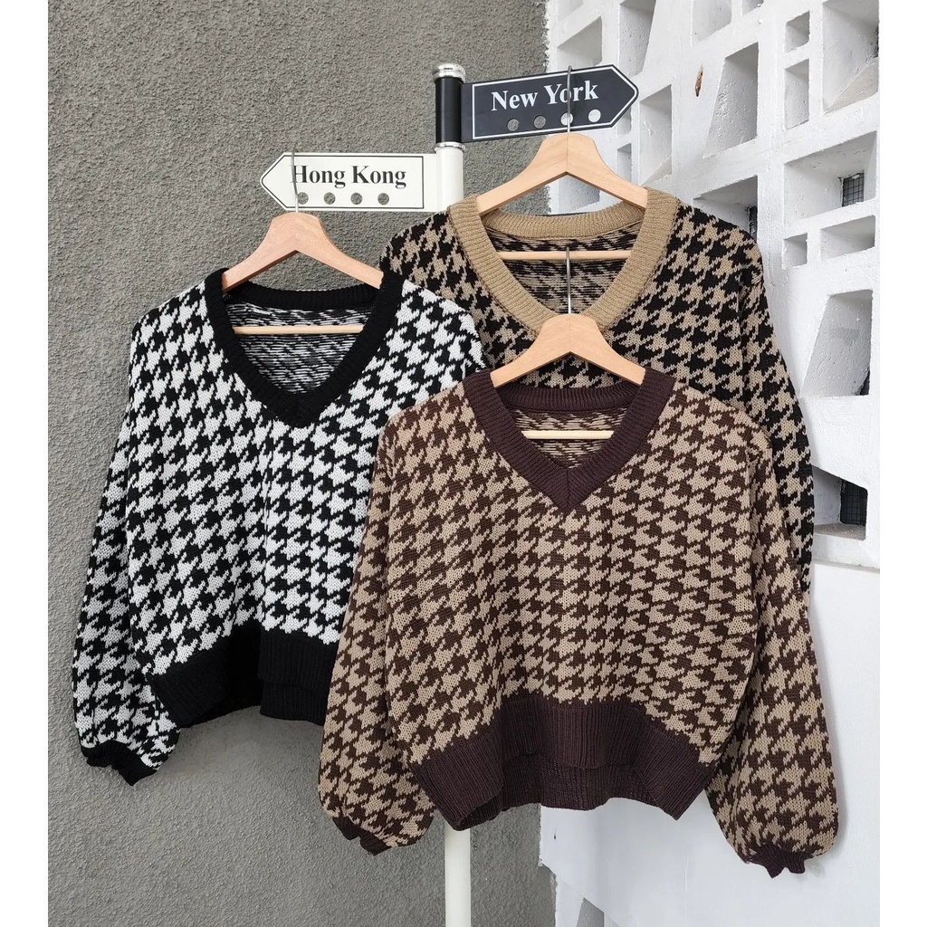 Jual Crop Sweater Houndstooth / Rajut Outer Wanita Trendy Murah ...