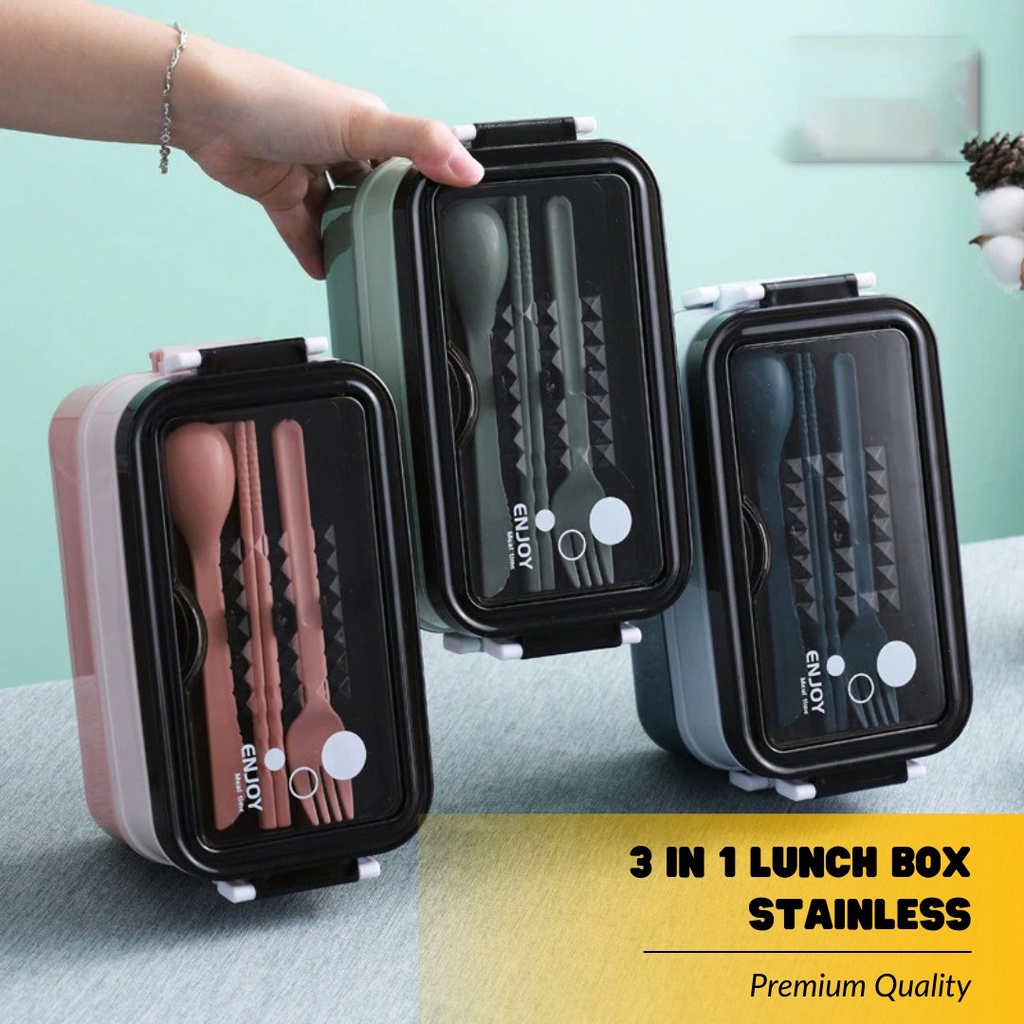 Jual Triple W 3in1 Lunch Box Stainless Kotak Bekal Makan Sendok Garpu Set Kotak Makan Anak ...