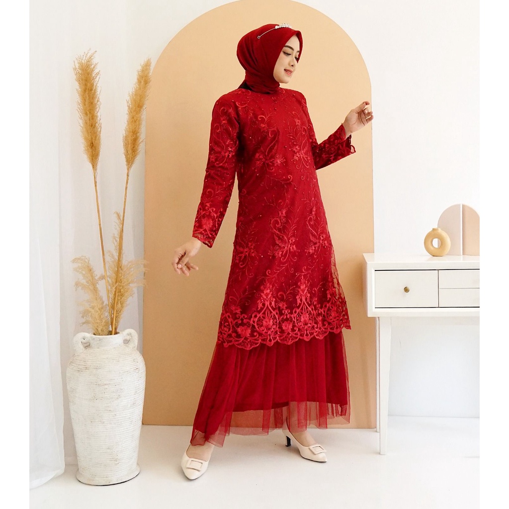 Jual (Full Tile Brukat) Gamis Arini Full Tile Bordir Mutiara Glitter Brukat Tulle Brokat Maxi ...