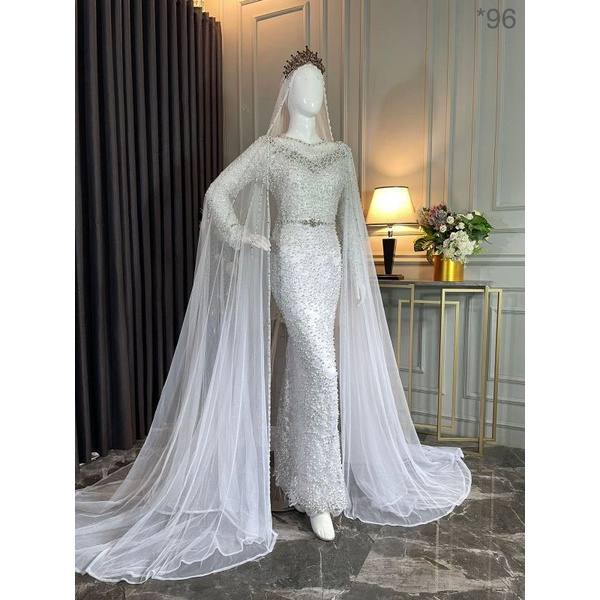 Jual Gaun Akad Nikah Modern Slim Putih Sequin Premium Full Mutiara ...