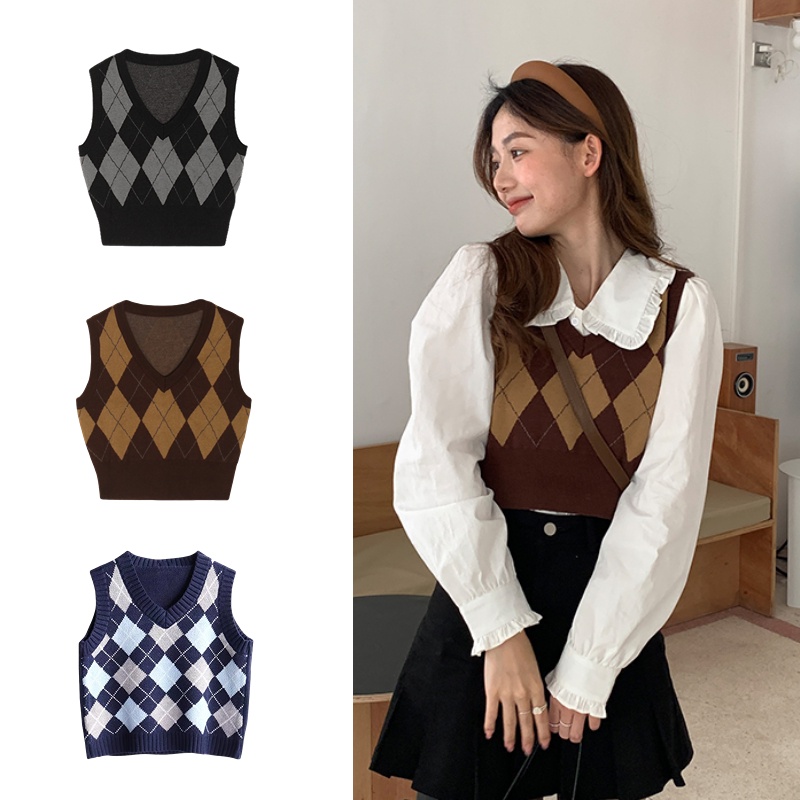Jual CESILIE - Korean Vest Rajut Wanita Rompi Korean Style Wanita Kotak Kotak | Shopee Indonesia