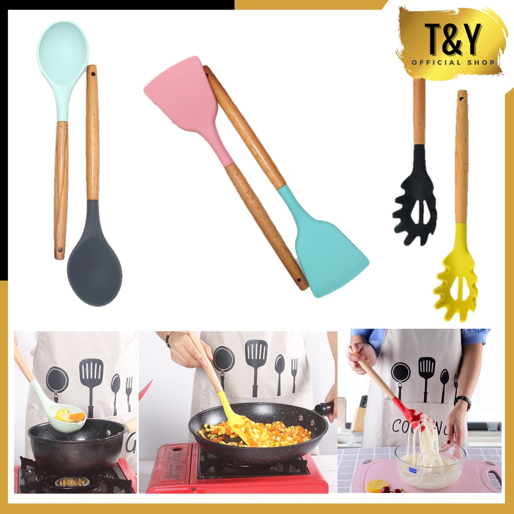 Jual T&Y Sutil Sendok Pasta Silicon Gagang Kayu Peralatan Masak Utensil ...