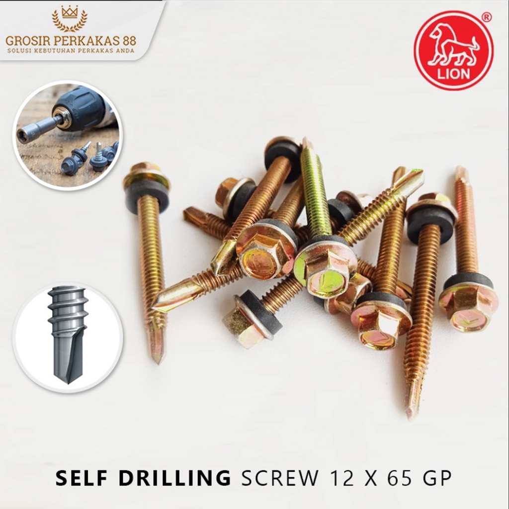 Jual Baut Baja Ringan Sekrup Roofing Drilling Lion Scrup 12x65 Kuning ...
