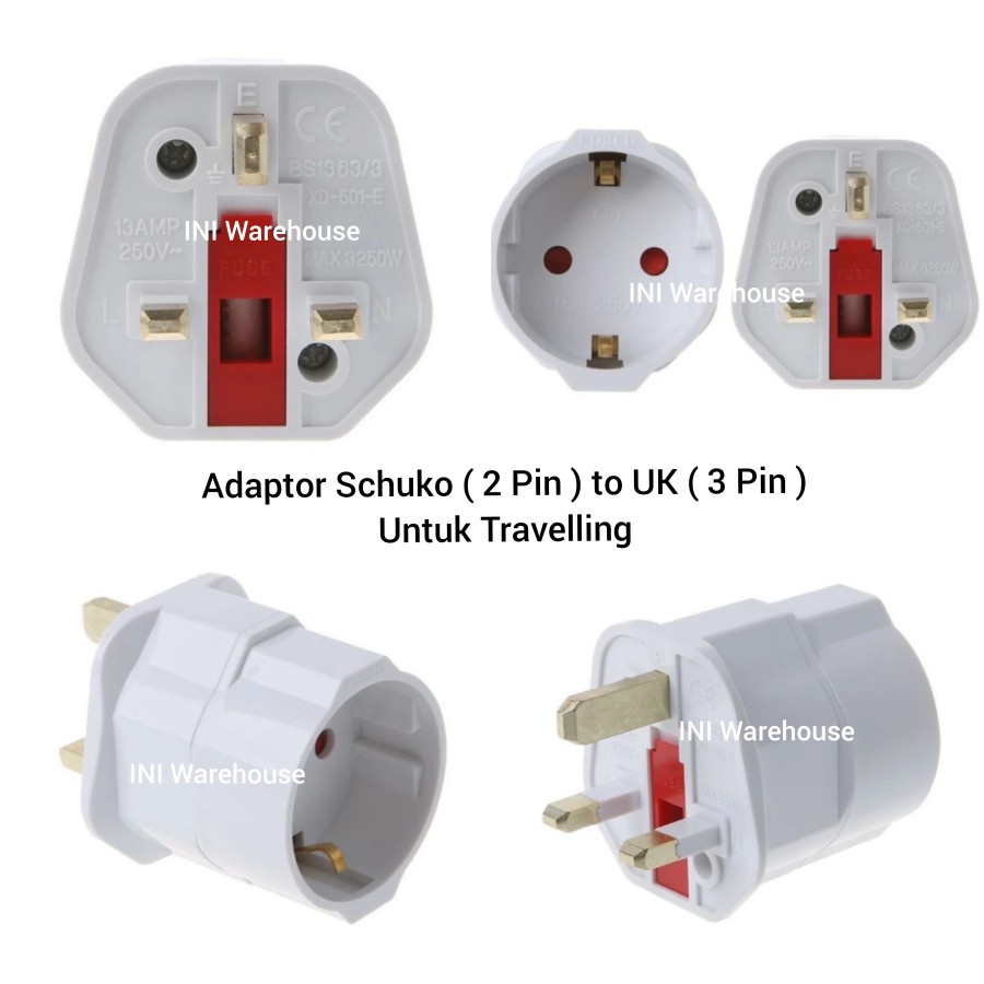Jual Adaptor Converter Schuko EU 2 Pin to UK 3 Plug Travelling Travel ...
