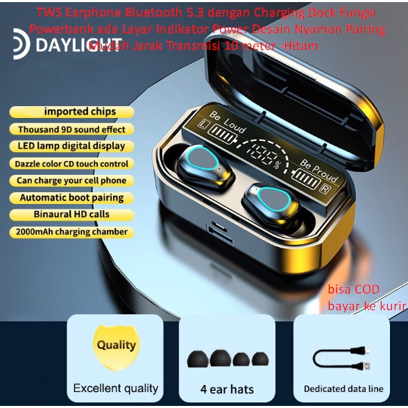 Jual TWS Earphone Bluetooth 5.3 dengan Charging Dock Fungsi Powerbank ada Layar Indikator Power ...