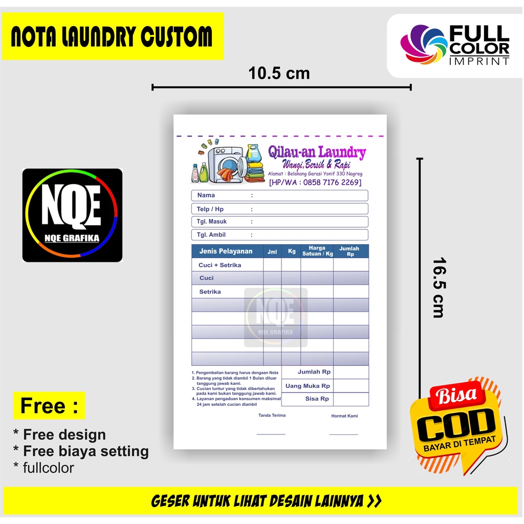 Jual nota bon laundry ukuran 1/4 hvs custom dengan nama toko sendiri ...