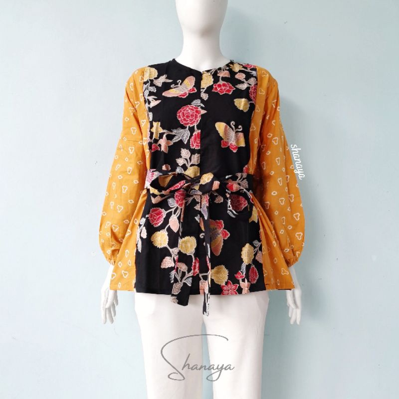Jual Shanaya Baju Batik Wanita Blus Batik Cap Kombinasi printing Blus ...