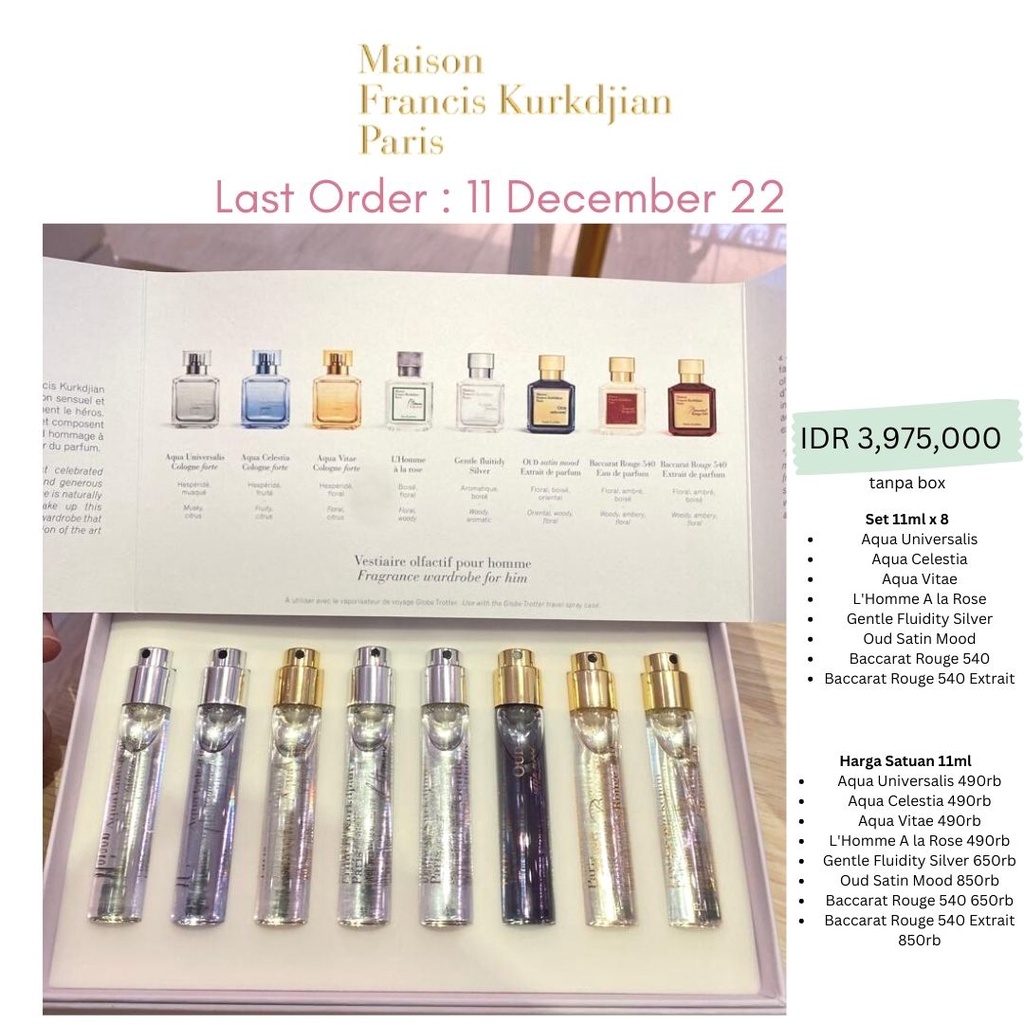 Jual MFK MAISON FRANCIS K. EDP Travel size 11ml (DIJUAL SATUAN/ PER SET 8X11ML) | Shopee Indonesia