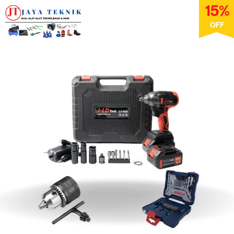 Jual Paket Lengkap Impact wrench Cordless JLD Merah 2 Baterai 350 NM ...