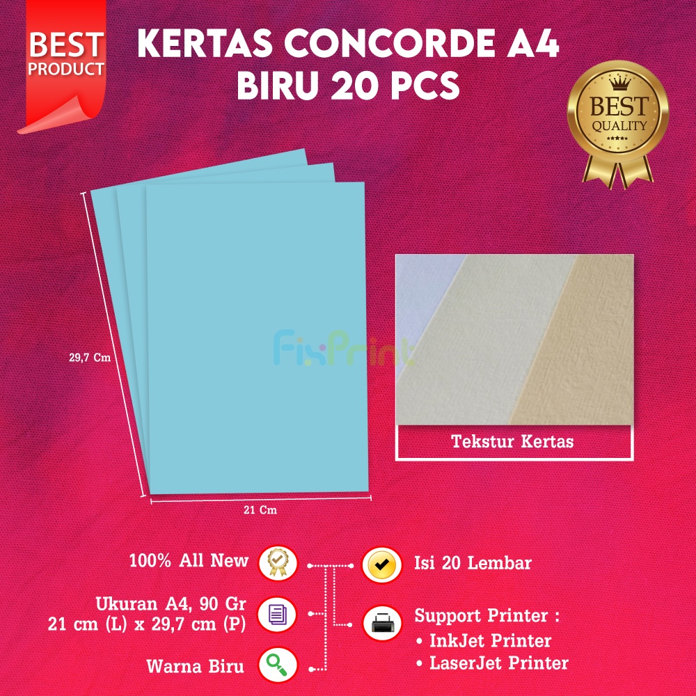 Jual Kertas Concorde Biru A4 90gr 1 pack isi 20 Lembar 210mm x 297mm ...