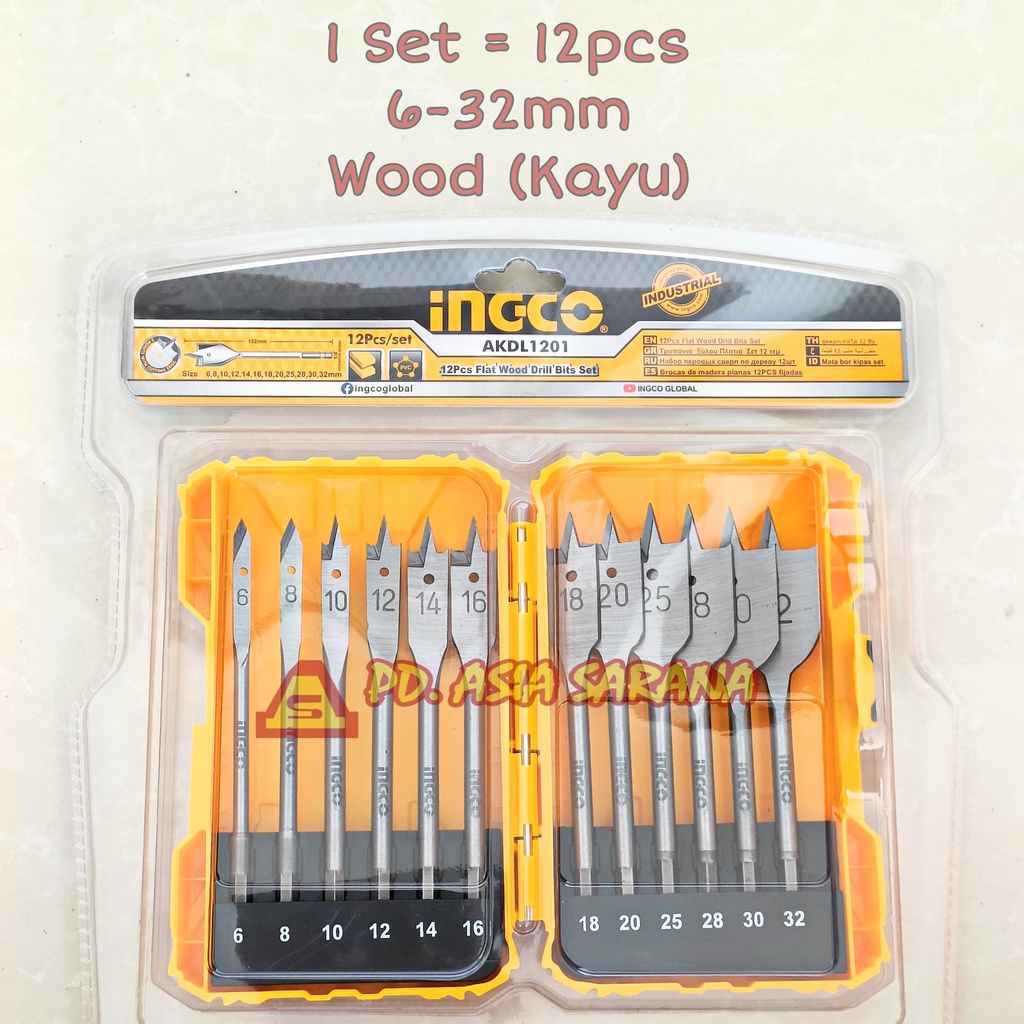 Jual Mata Bor Kayu Kipas (6-32mm) 12pcs INGCO AKDL1201 Flat Wood Drill ...