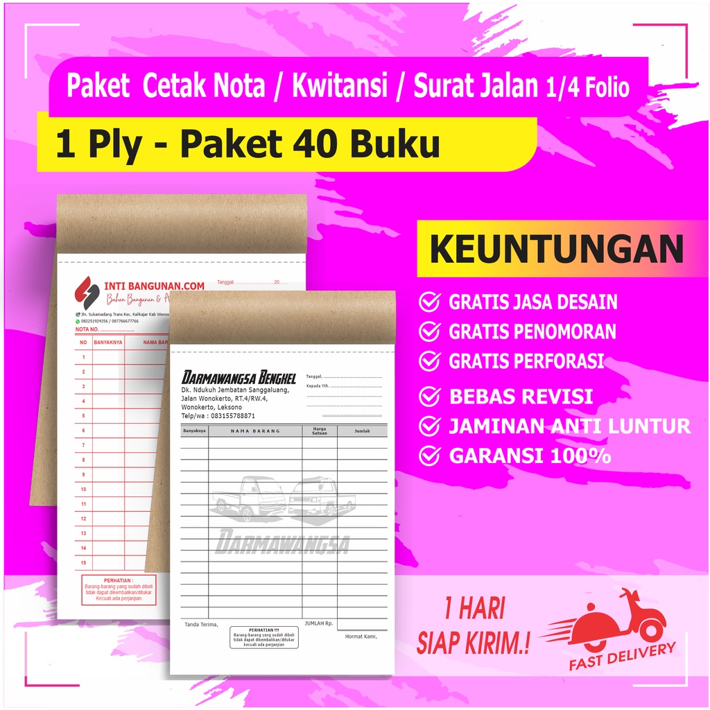 Jual cetak Nota custom 1 ply / Paket 40 buku 1 Rangkap ( 1 RIM ) nota ...