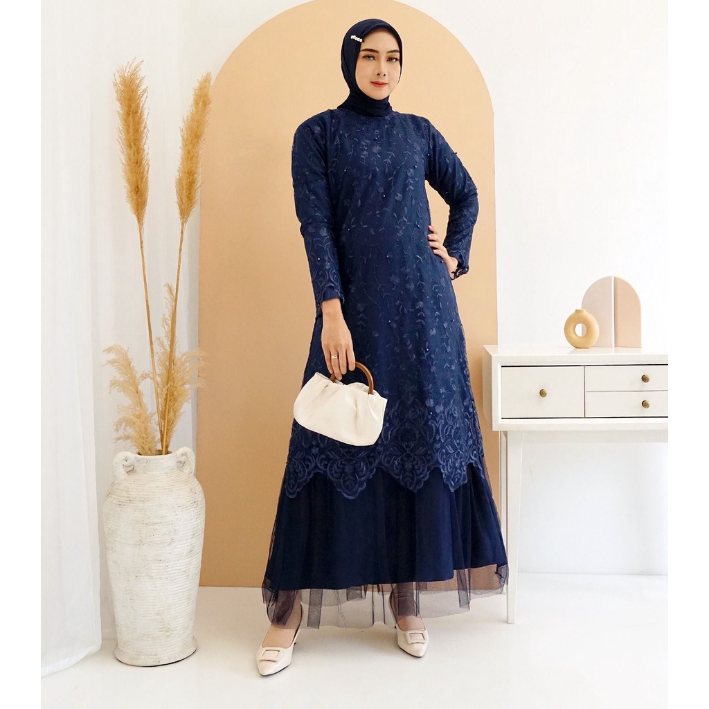 Jual (Full Tile Brukat) Gamis Arini Full Tile Bordir Mutiara Glitter Brukat Tulle Brokat Maxi ...