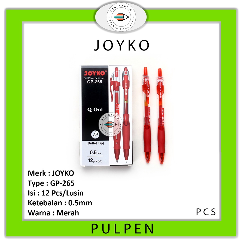 Jual JOYKO - Pulpen Gel GP-265 Q-Gel 0.5mm Tinta Warna Merah - Pcs | Shopee Indonesia