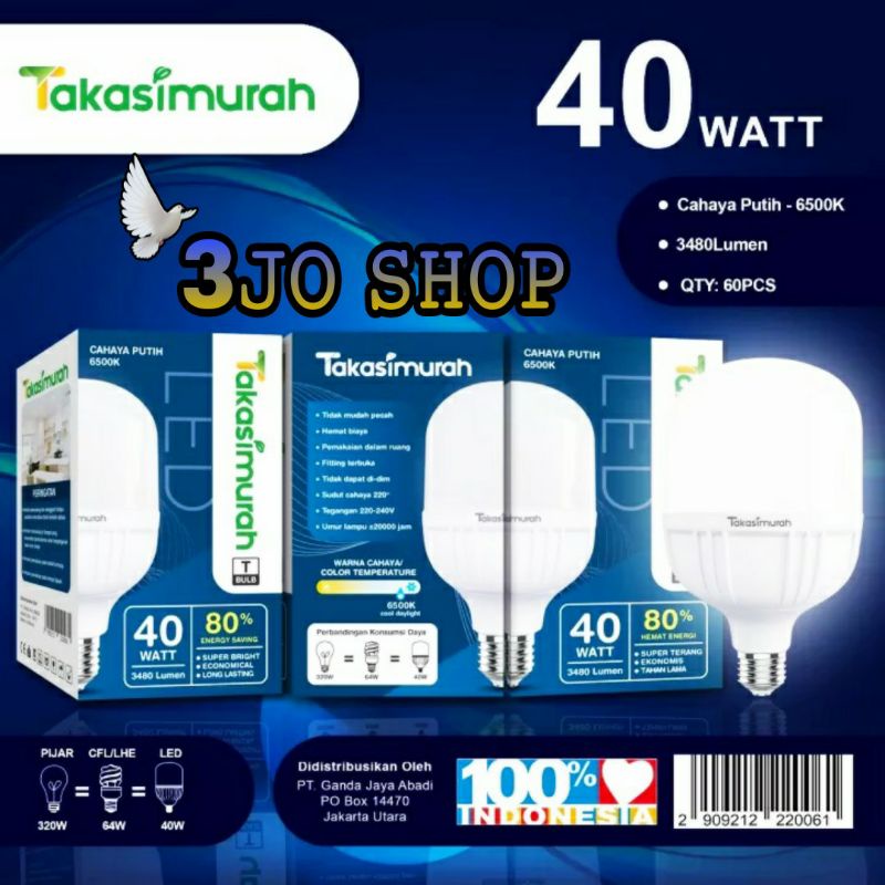 Jual Lampu LED Buld T TAKASIMURAH 40 watt Cahaya Putih | Shopee Indonesia