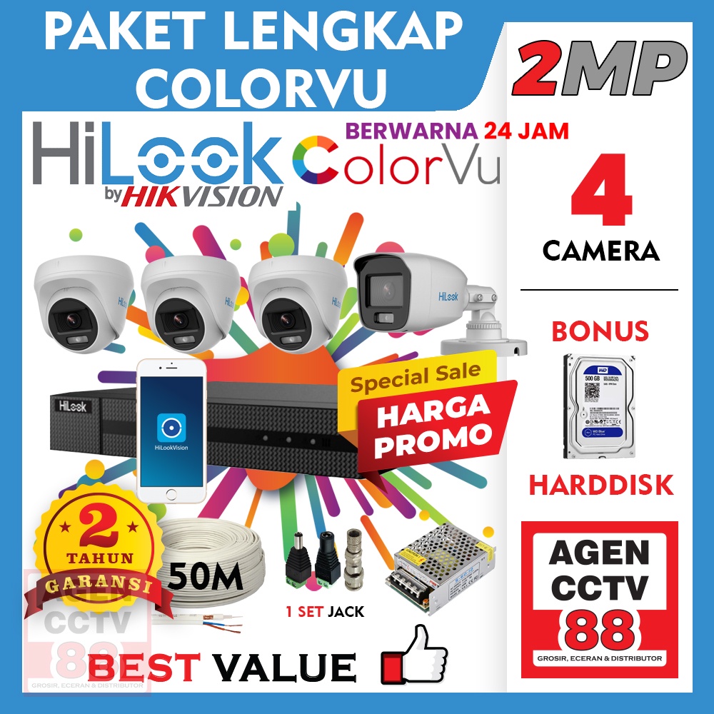 Jual Paket CCTV HILOOK COLORVU 4 Channel Kamera 4CH 2MP 1080P Lengkap ...