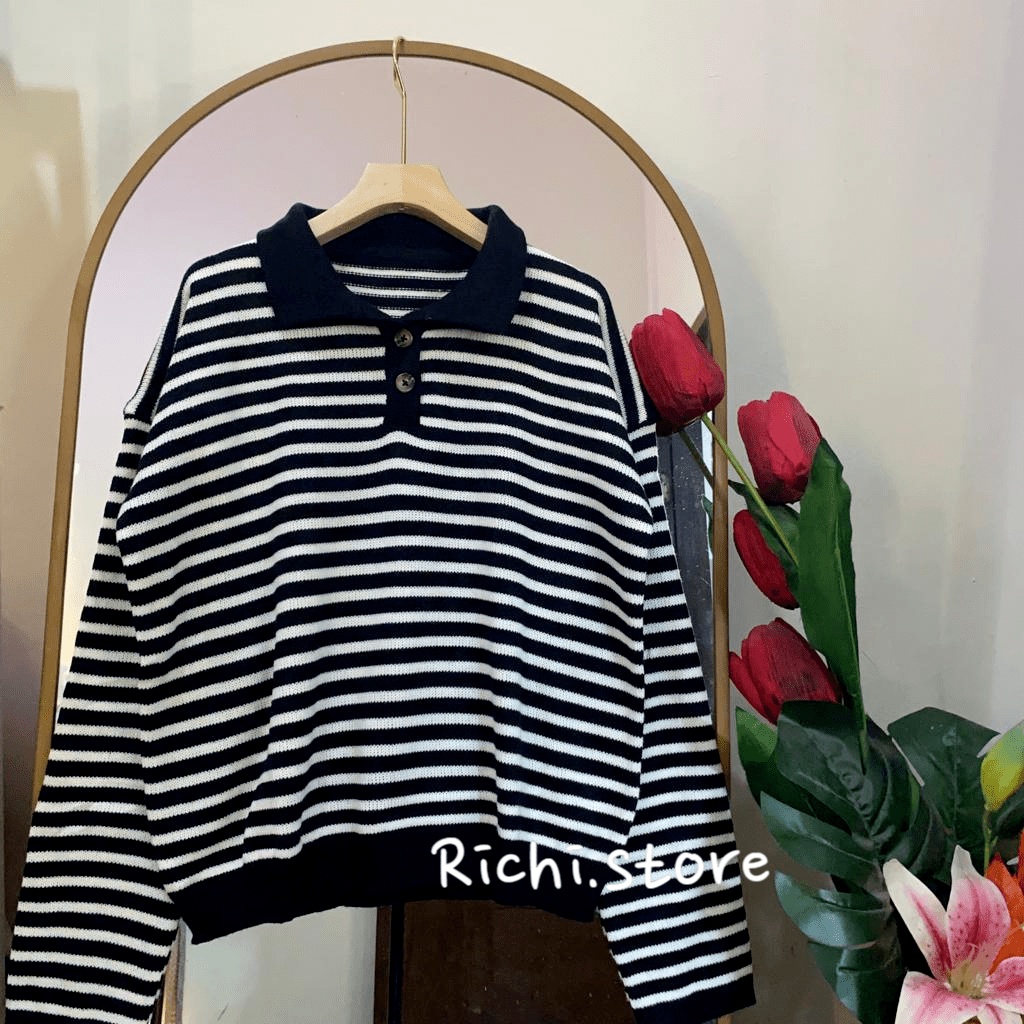 Jual ALYN POLO BLOUSE RAJUT MOTIF GARIS | Shopee Indonesia