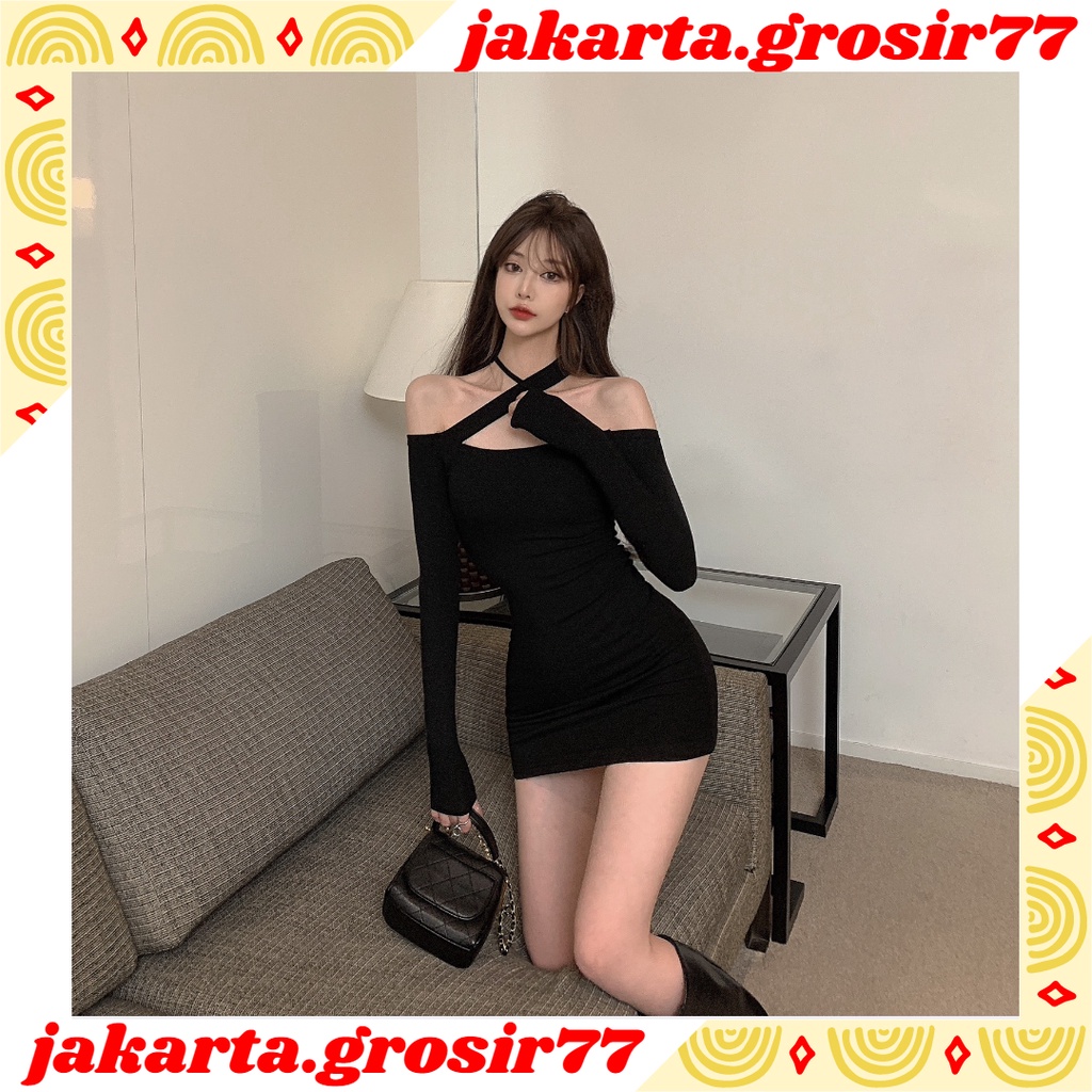 Jual JG DR359 Baju Mini Dress Sabrina Knit Dress Wanita Long Sleeve Motif Polos | Shopee Indonesia