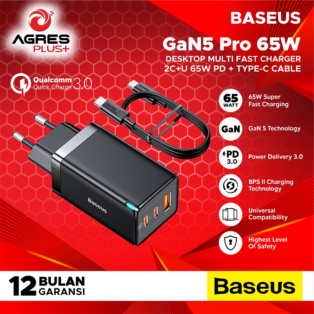 Jual BASEUS GAN5 Pro 65W Multi Super Fast Charger 2C+U QC3.0 + Kabel ...
