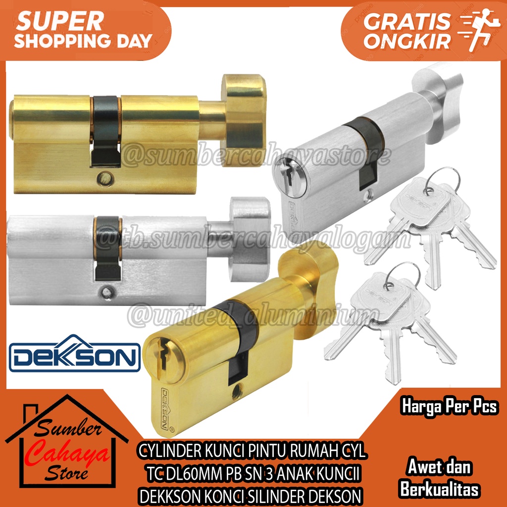 Jual CYLINDER DEKSON CYL TC DL60MM SN PB KUNCI PINTU RUMAH DEKKSON 3 ...