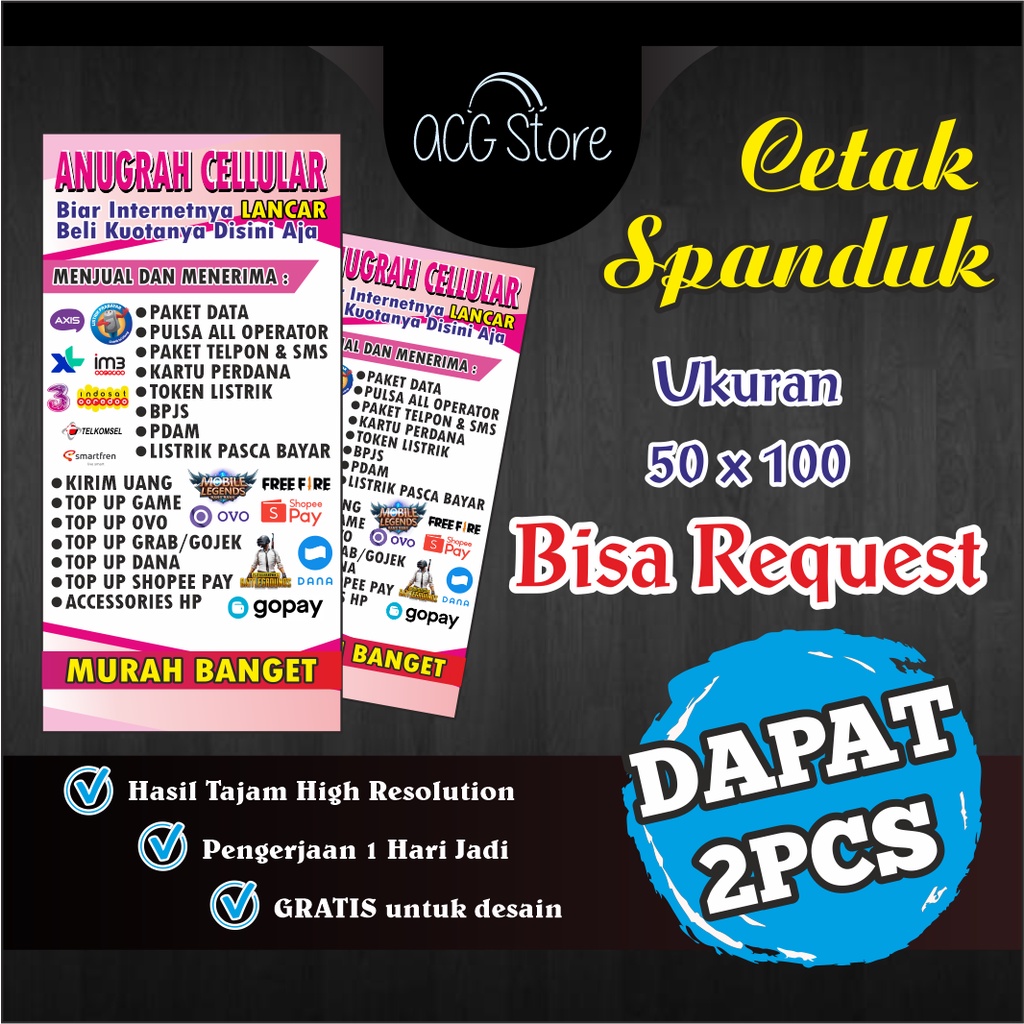 Jual ACG STORE/2PCS CETAK SPANDUK 50X100 CETAK SPANDUK PULSA/BANNER ...