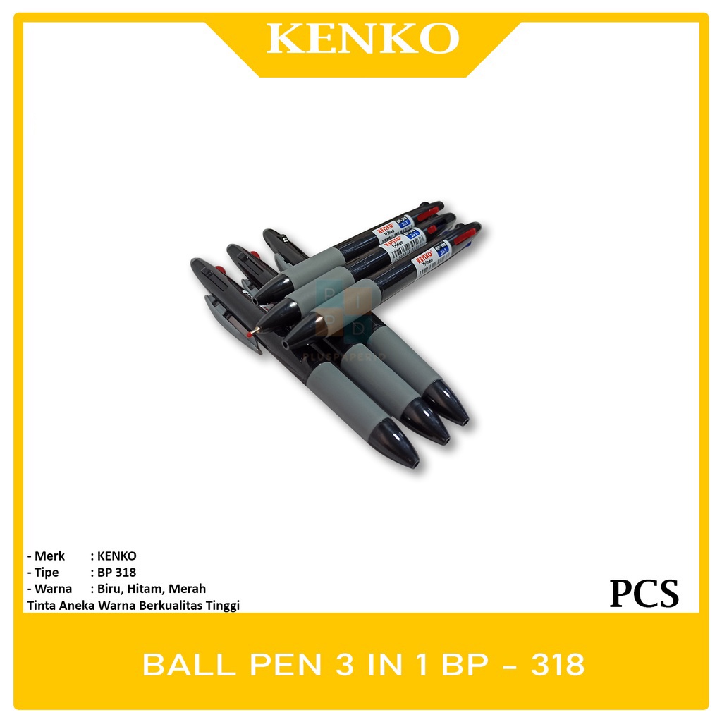 Jual Ball Pen 3 In 1 Kenko BP 318 Pulpen 3 warna Hitam, Biru, Merah PCS ...