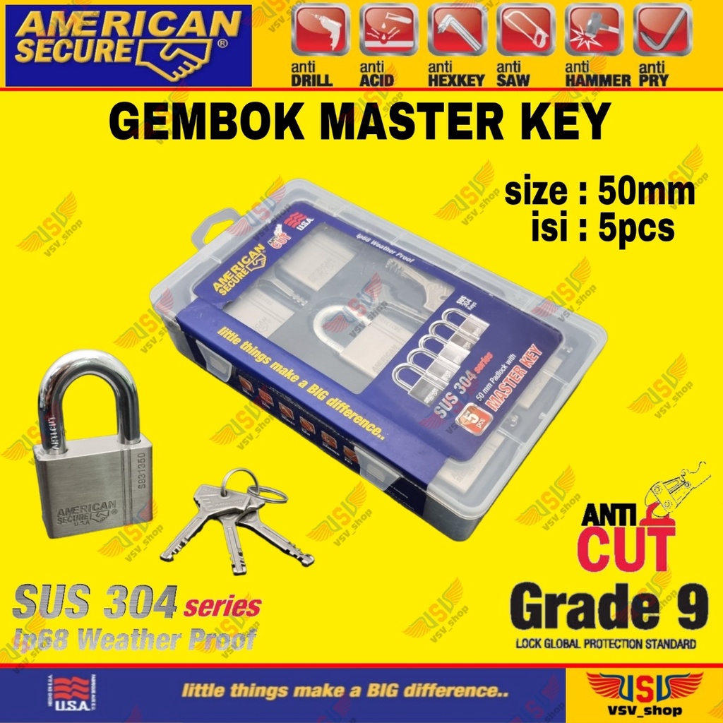 Jual American Secure Gembok master key 50mm isi 5 / gembok rumah ...